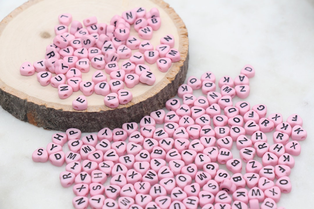 Pink Heart Letter Beads, Acrylic Pink Beads With Black Hearts, Heart ...