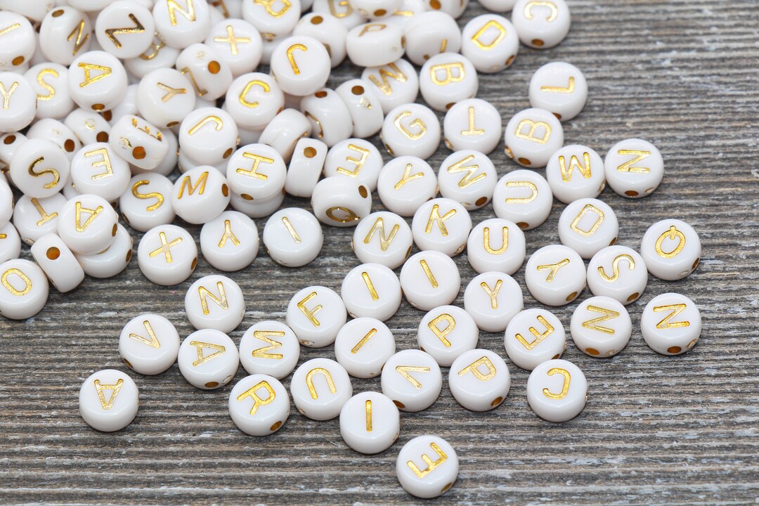 Alphabet Letter Beads, Acrylic White and Gold Letter Beads, Round ...