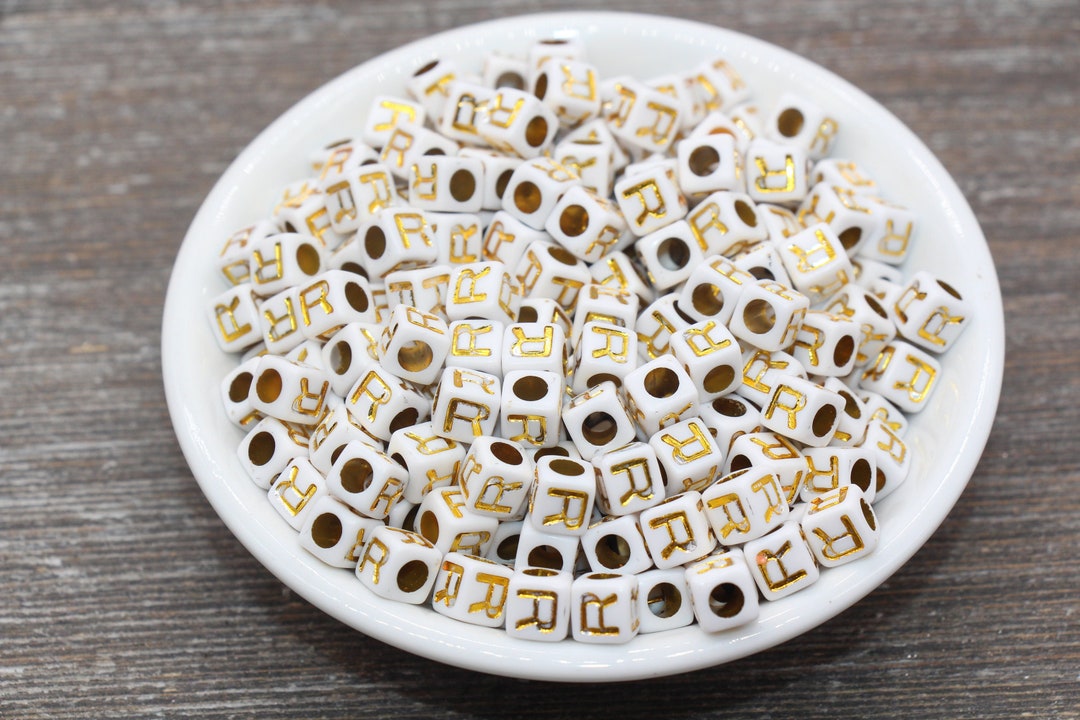 Letter R Letter Beads, Cube White Beads With Gold Lettering, Individual ...