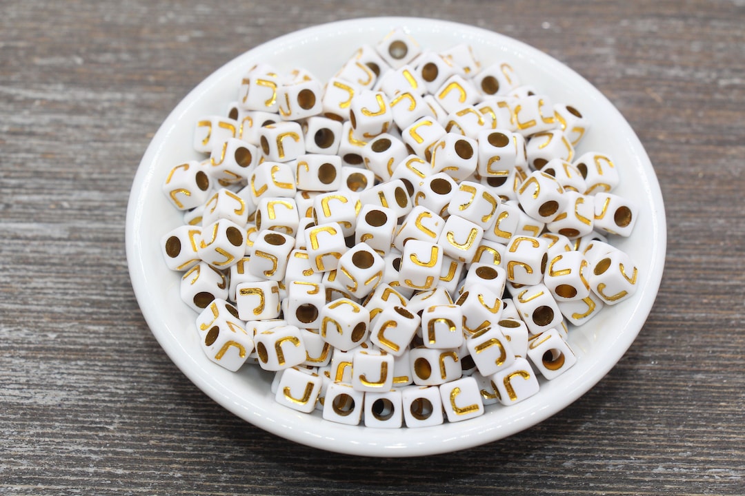 Letter J Letter Beads, Cube White Beads With Gold Lettering, Individual ...
