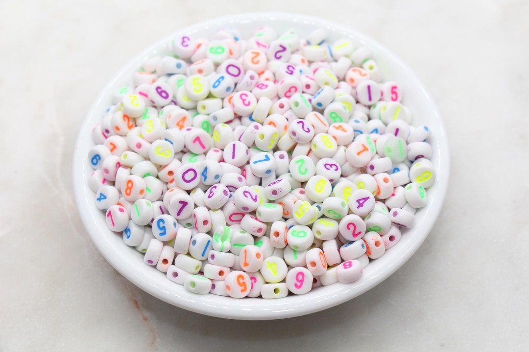 Neon Color Number Beads, White Beads With Neon Numbers, Acrylic Number ...