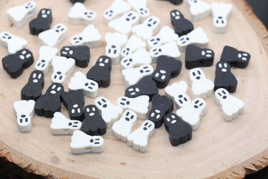 Ghost Beads, Halloween Themed Clay Beads, White Ghost Black Ghost Clay ...