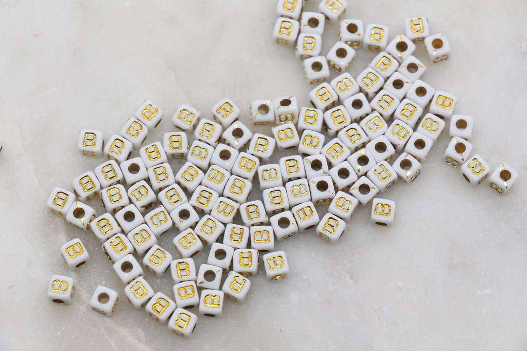 Letter B Cube Beads, Individual Letter Beads, White and Gold Cube ...