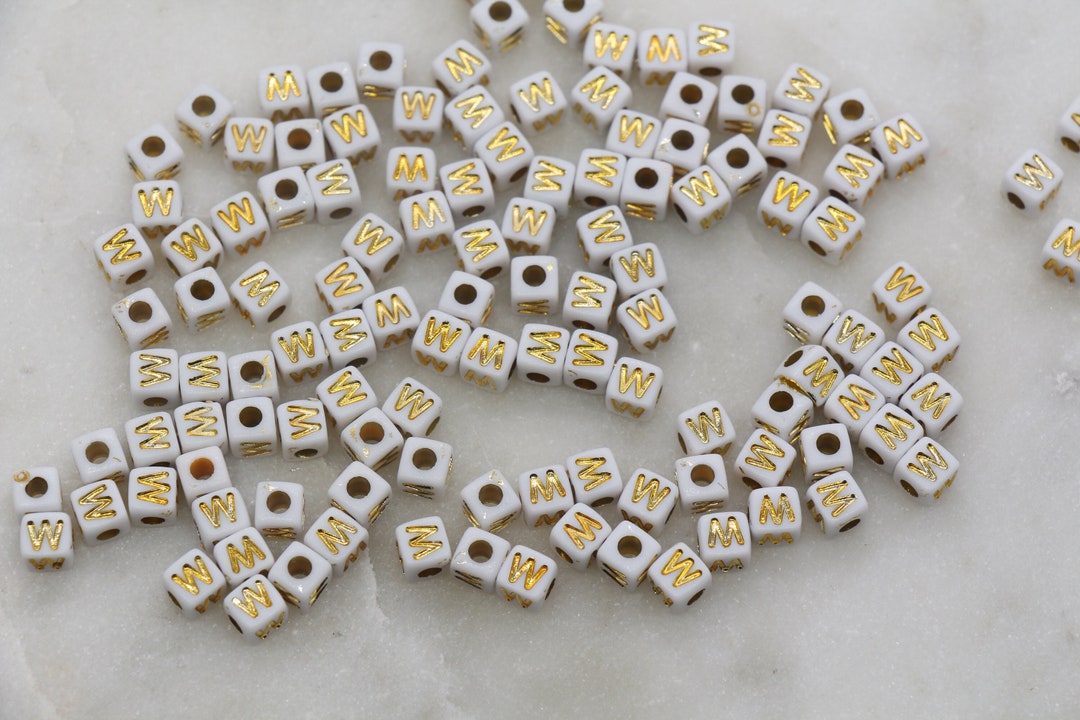 Letter W Cube Beads, Individual Letter Beads, White and Gold Cube ...