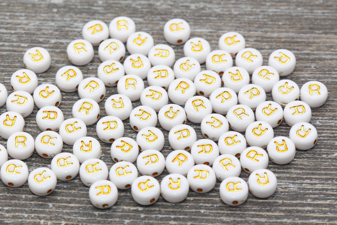 Letter R Alphabet Beads, White and Gold Alphabet Letter Beads, Acrylic ...