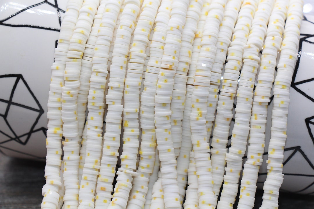 6mm White With Yellow Speckled Heishi Beads, Yellow Dots Polymer Clay ...