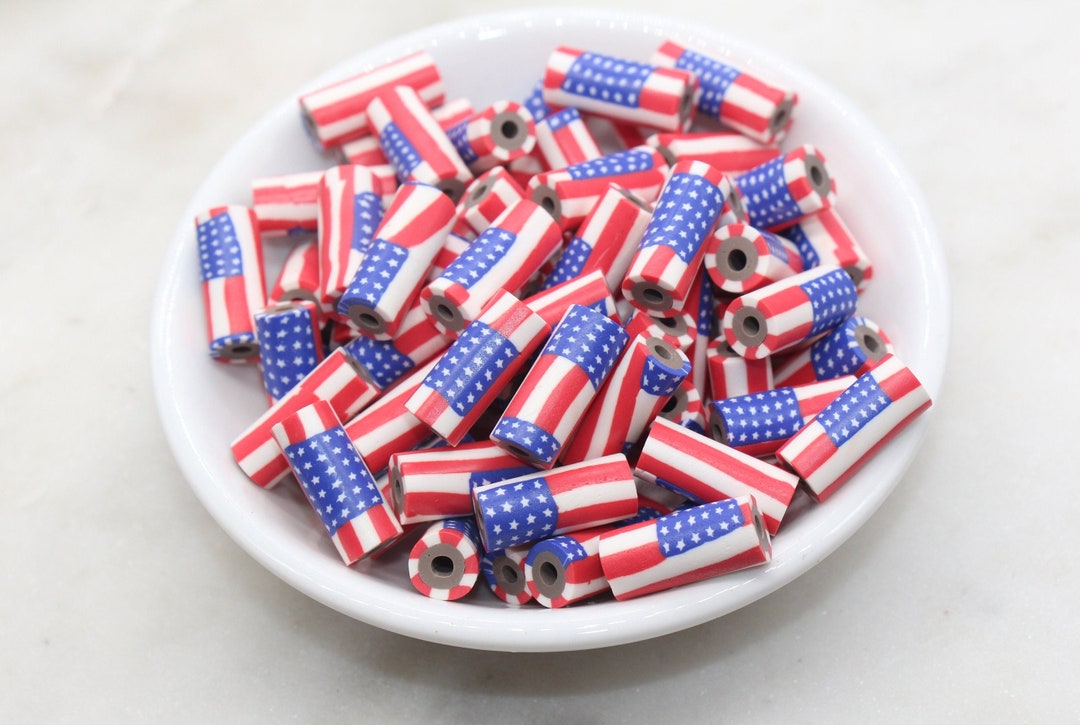 Tube Shape Patriotic American Flag Clay Beads, United States Flag ...