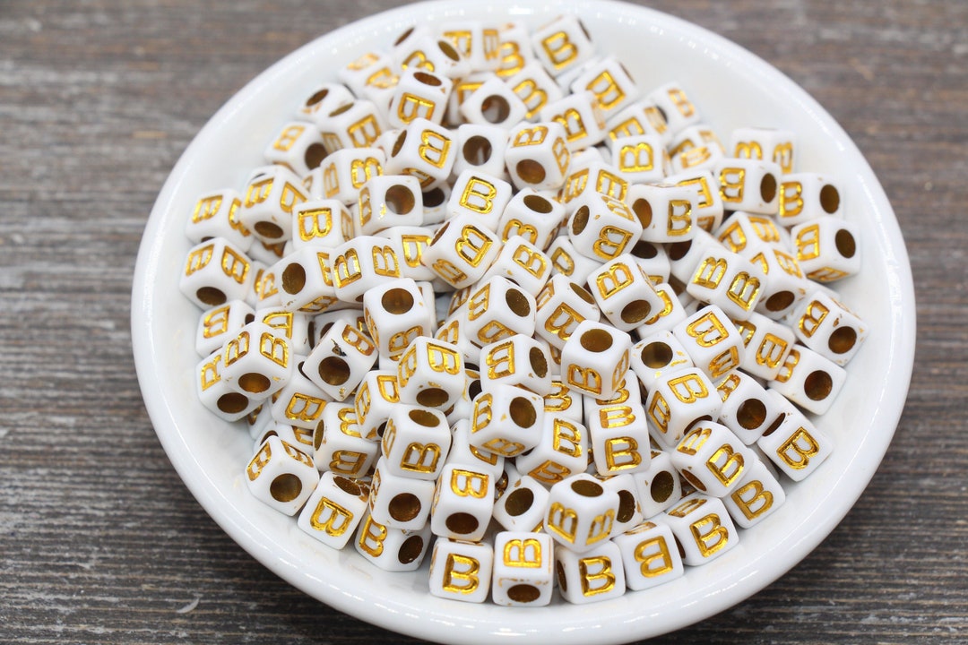 Letter B Letter Beads, Cube White Beads With Gold Lettering, Individual ...