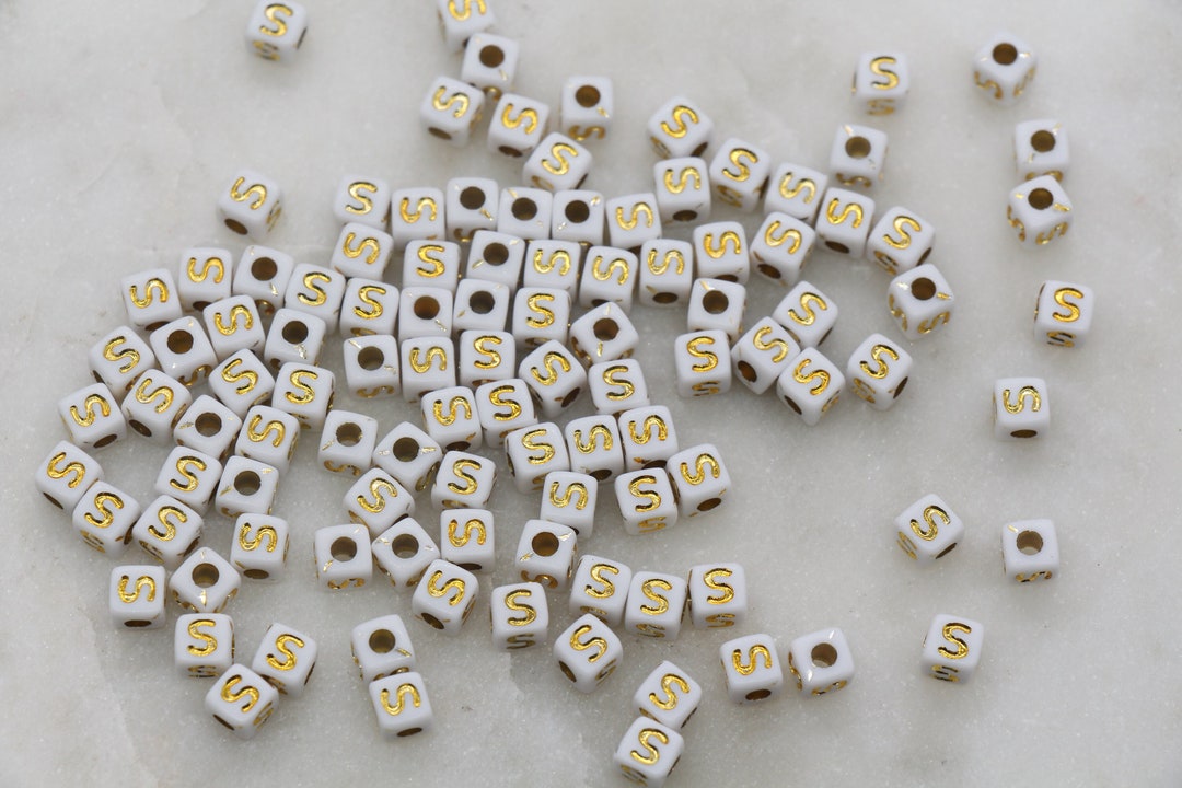 Letter S Cube Beads, Individual Letter Beads, White and Gold Cube ...