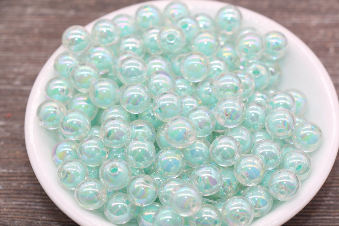 10mm Iridescent Mint Green Gumball Beads, AB Mint Round Acrylic Loose ...