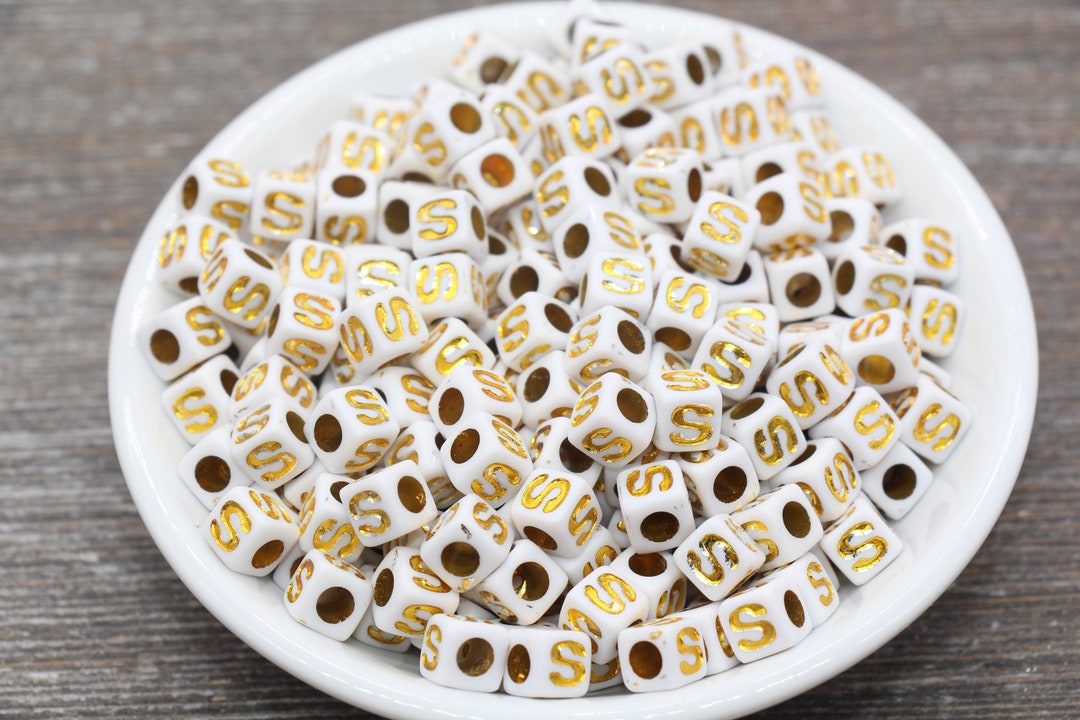 Letter S Letter Beads, Cube White Beads With Gold Lettering, Individual ...