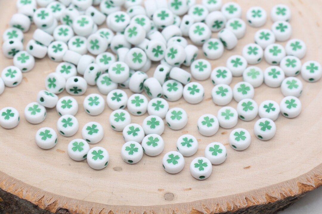 Four Leaf Clover Beads Beads, Shamrock Round Beads, White Beads With ...