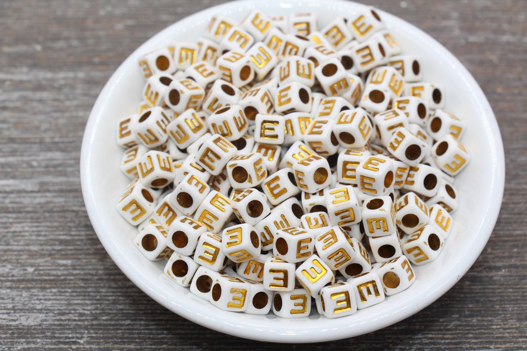 Letter E Letter Beads, Cube White Beads With Gold Lettering, Individual ...