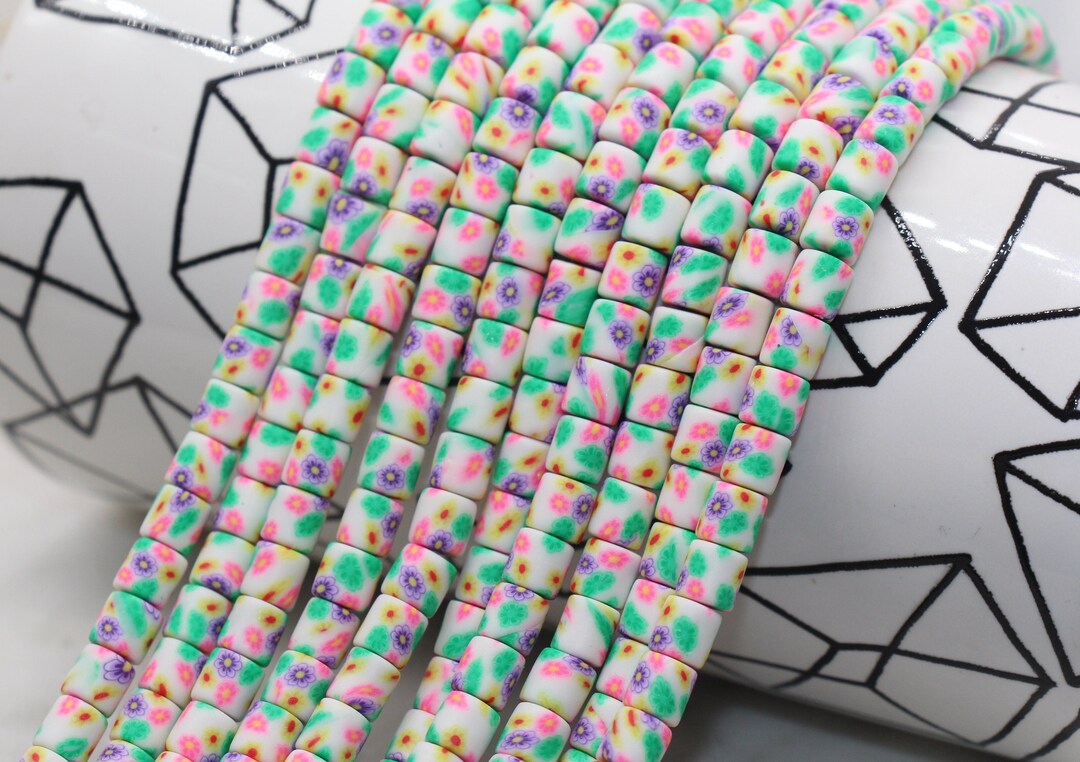 6mm Wide Column Chunky Polymer Clay Beads, Flower Printed Heishi Spacer ...