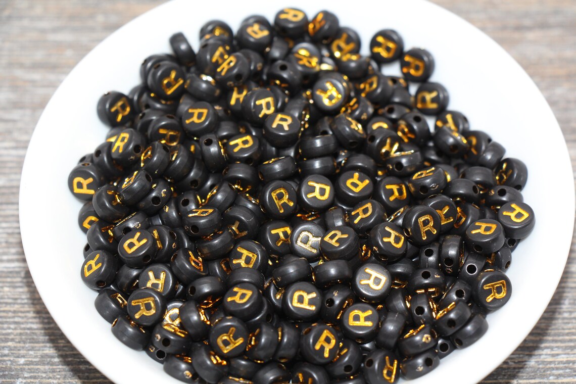 Letter R Beads Black With Gold Letter R Individual Letter | Etsy