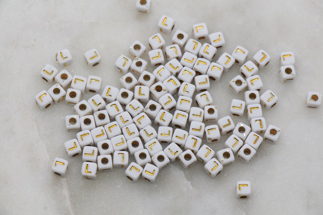 Letter L Cube Beads, Individual Letter Beads, White and Gold Cube ...