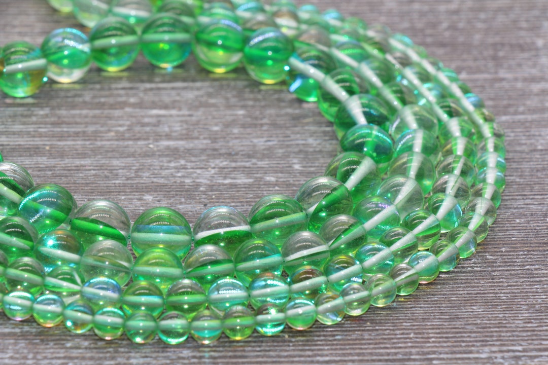 Green Moonstone Glass Beads, Holographic Round Loose Beads, Iridescent ...