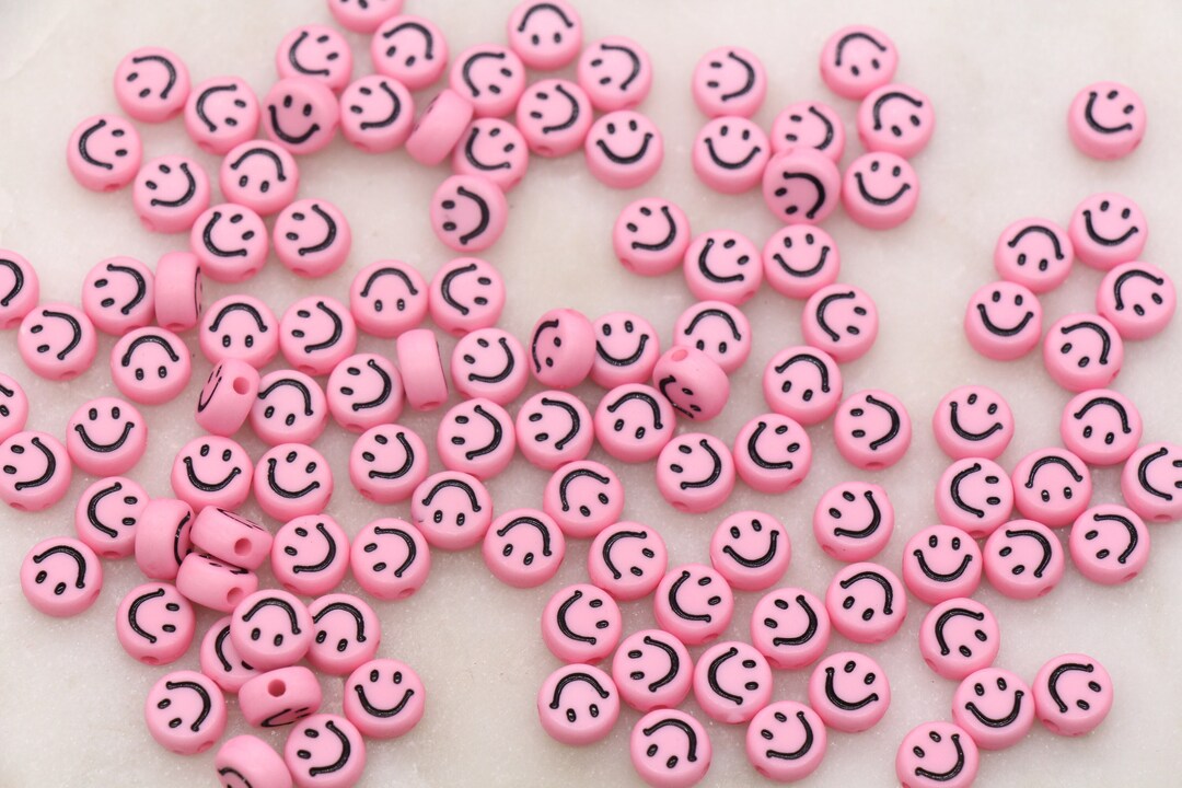 Pink Smiley Face Round Beads, Pink Emoji Beads, Happy Face Beads ...