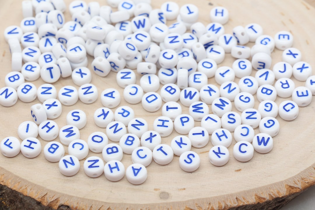 Blue Letter Beads, Alphabet Beads, White Bead With Blue Letters ...