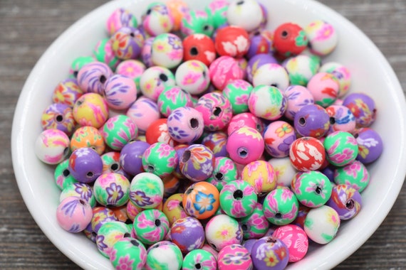 Flower Printed Clay Round Beads Multicolored Flower Round - Etsy