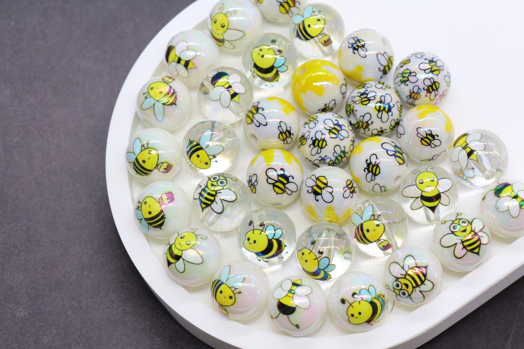 16mm Bumble Bee Beads Iridescent Bubblegum Beads Honey Bee Print DIY ...