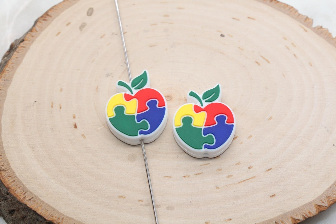 Autism Apple Puzzle Pieces Silicone Focal Beads, Focal Beads, Chunky ...