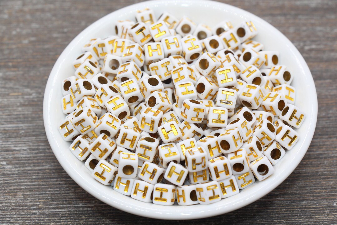 Letter H Letter Beads, Cube White Beads With Gold Lettering, Individual ...