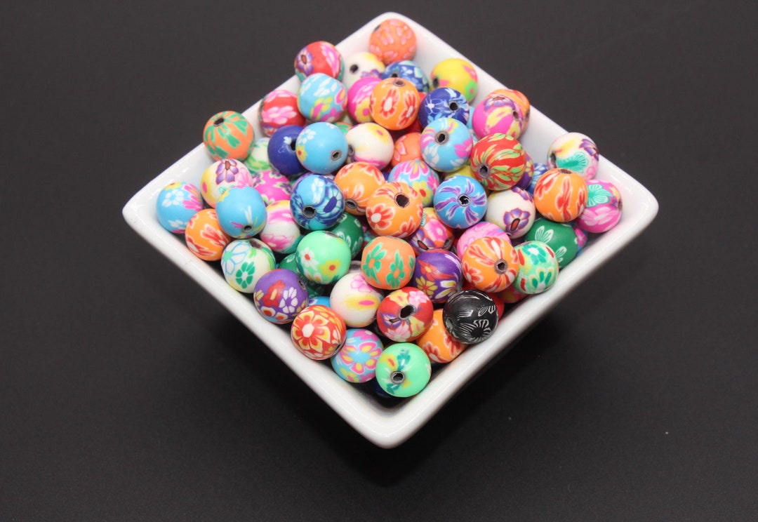 Flower Printed Clay Round Beads, Multicolored Flower Round Polymer Clay ...