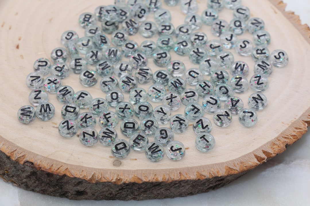 Translucent Alphabet Letter Beads, Black Lettering With Glitter Beads ...