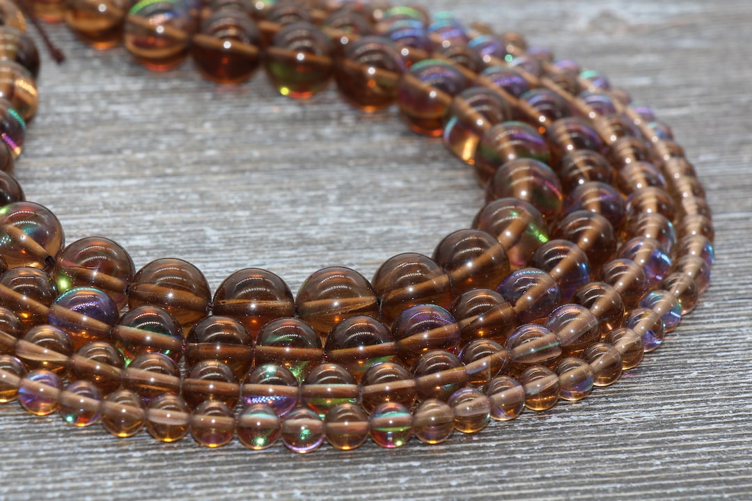 Brown Moonstone Glass Beads, Holographic Round Loose Beads, Iridescent ...