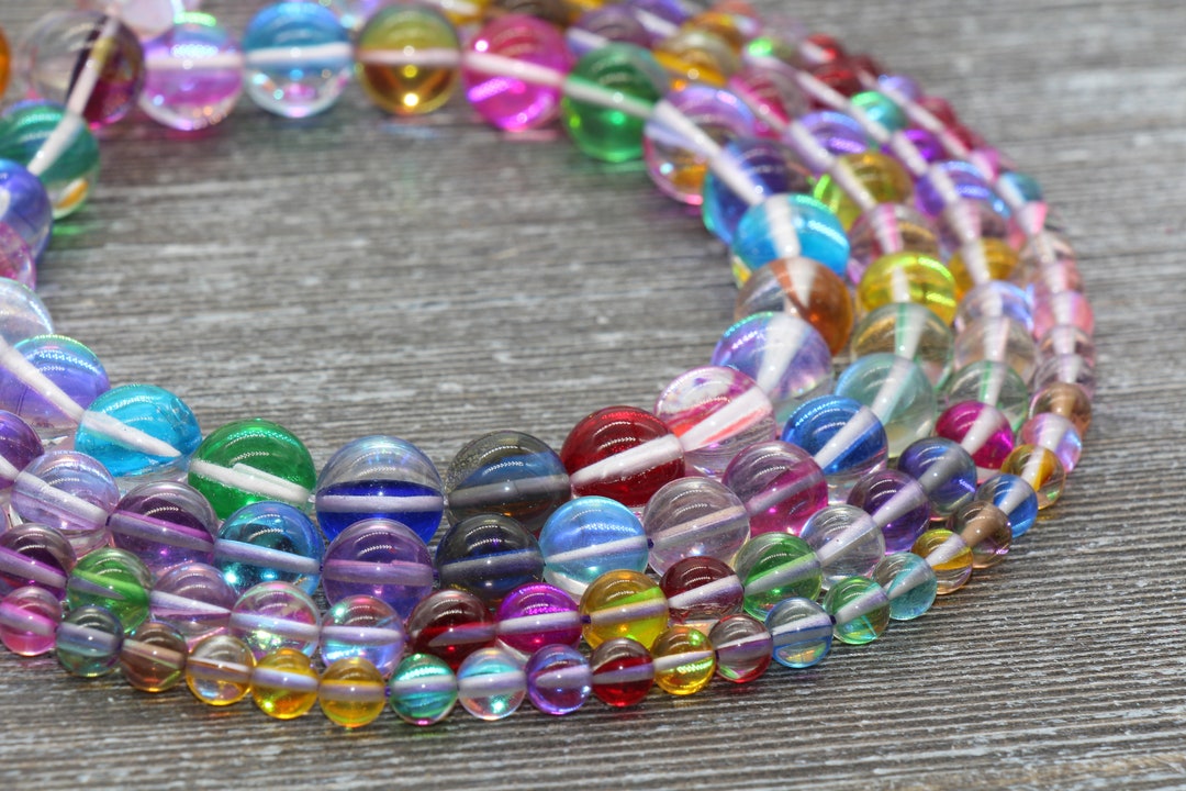 Multicolored Moonstone Glass Beads, Holographic Round Loose Beads ...