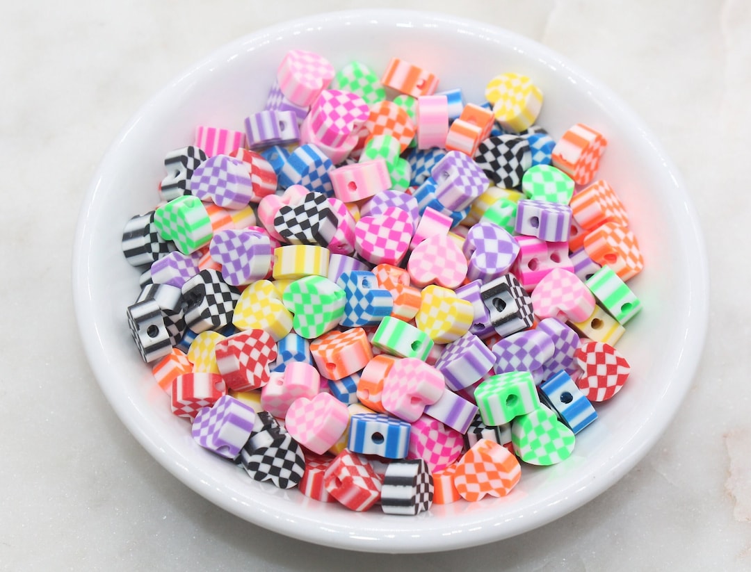 Checkered Heart Polymer Clay Beads, Assorted Heart Shape Clay Round ...