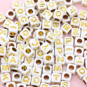White and Gold Cube Alphabet Letter Beads, Mixed Gold Acrylic Letter ...