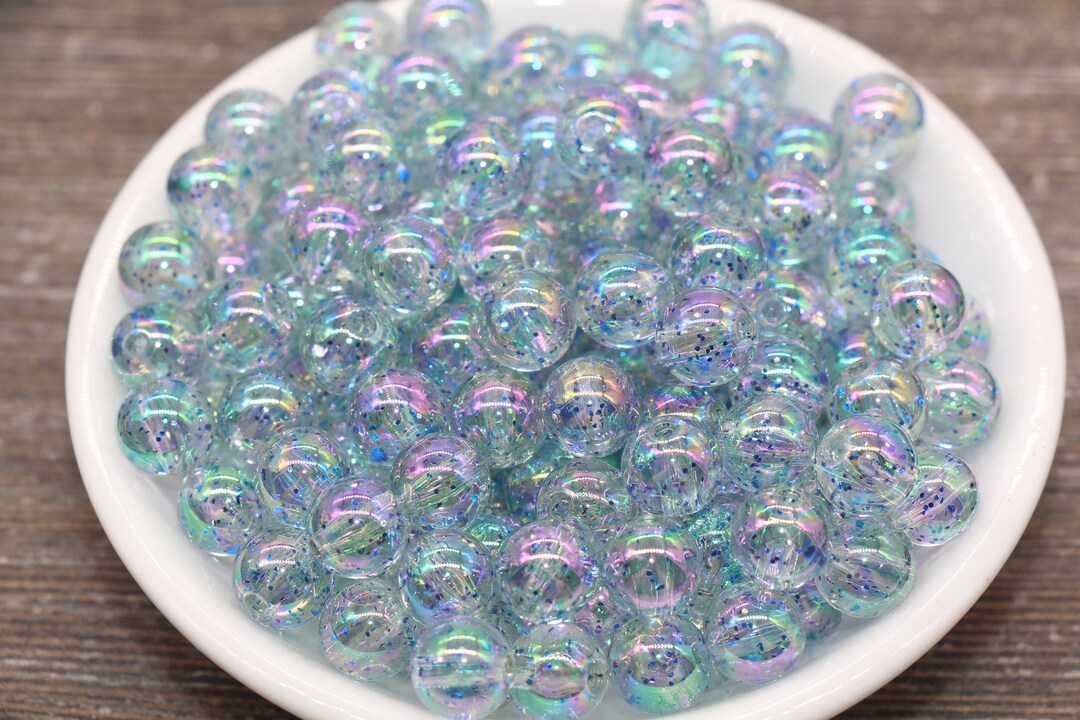 10mm Iridescent Translucent Blue Beads With Glitter, Shinny Bubblegum ...