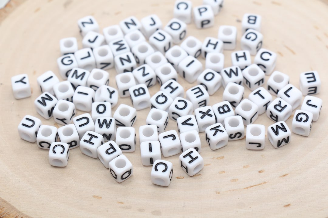 White and Black Cube Alphabet Letter Beads, Black Acrylic Letter Beads ...