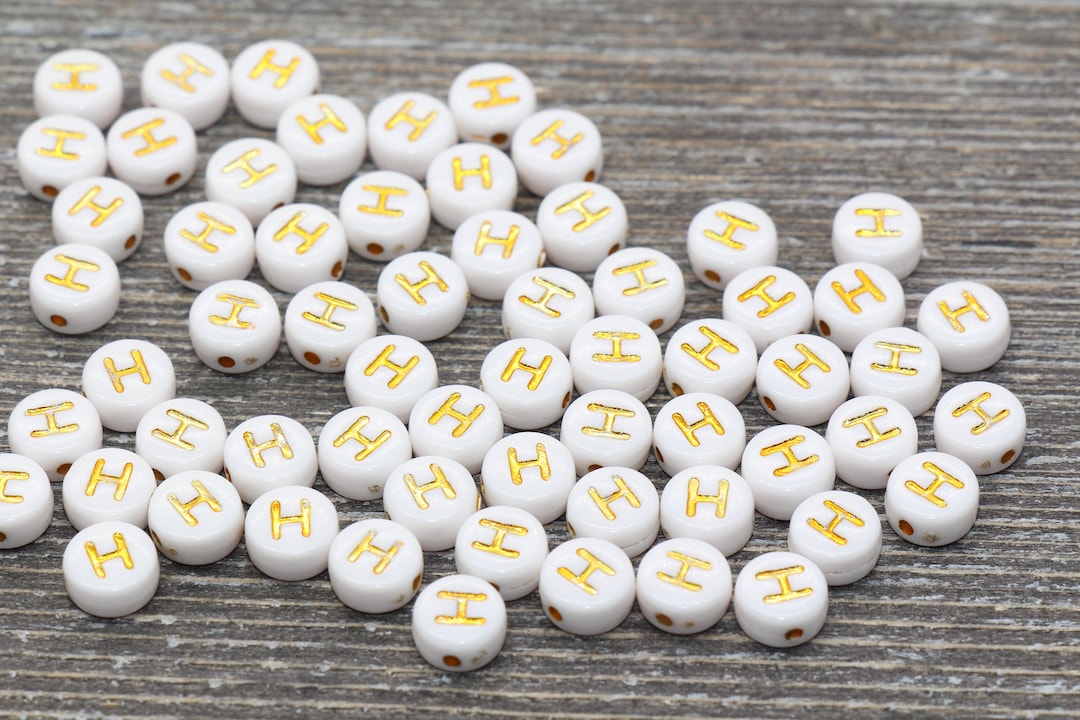 Letter H Alphabet Beads, White and Gold Alphabet Letter Beads, Acrylic ...