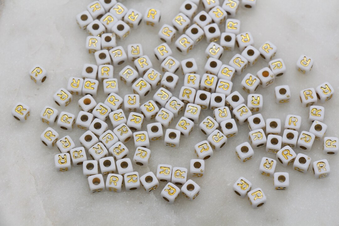 Letter R Cube Beads, Individual Letter Beads, White and Gold Cube ...
