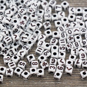 Cube Number Beads, Cube Symbol Beads, White With Black Acrylic Number ...