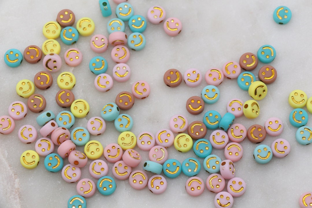 Assort Gold Smiley Face Round Beads, Multicolor Beads With Gold Emoji ...