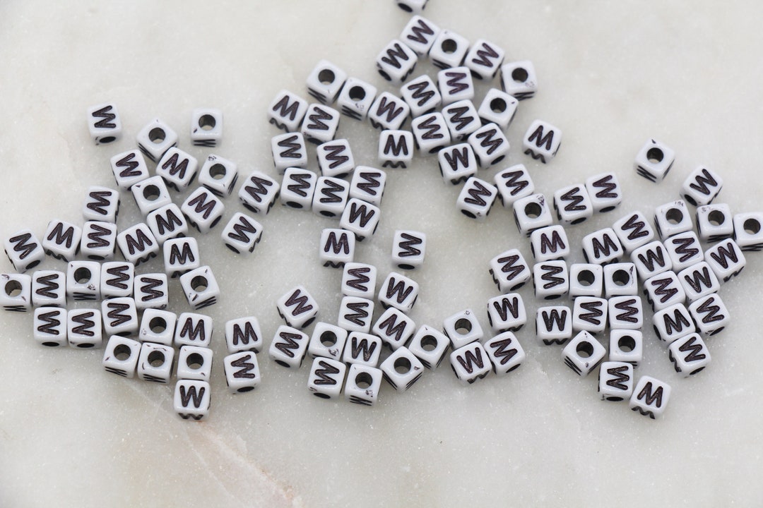 Letter W Cube Beads, White and Black Cube Alphabet Letter Beads, Black ...