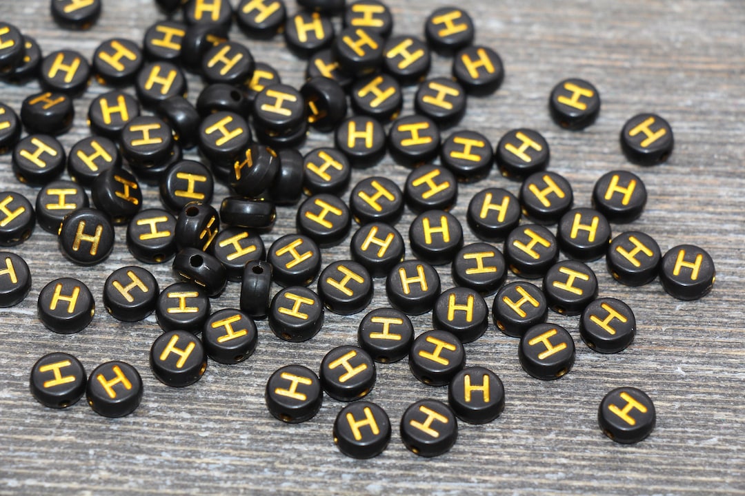 Letter H Beads, Black With Gold Letter H, Individual Letter, Single ...