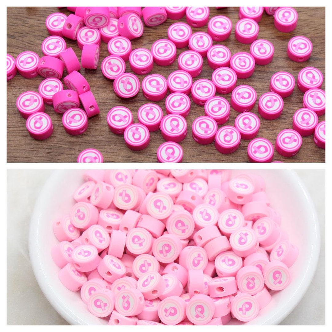 Awareness Ribbons Clay Beads, Pink Ribbon Polymer Clay Beads, Round ...