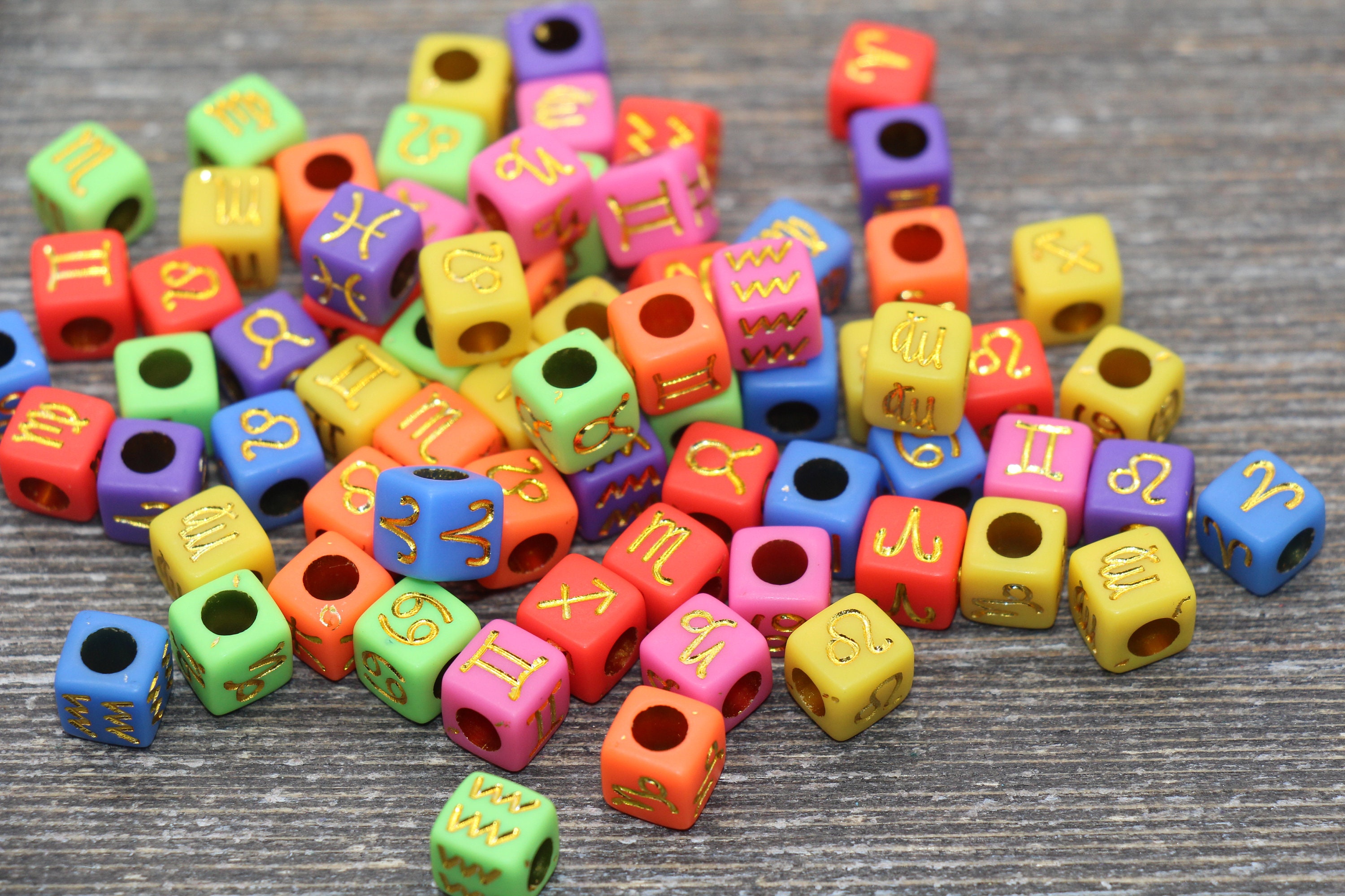 Gold Zodiac Symbol Beads Zodiac Cube Beads Multicolor Zodiac - Etsy
