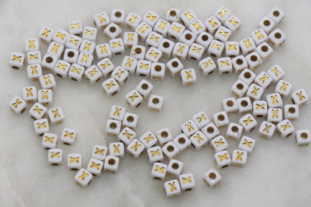 Letter X Cube Beads, Individual Letter Beads, White and Gold Cube ...