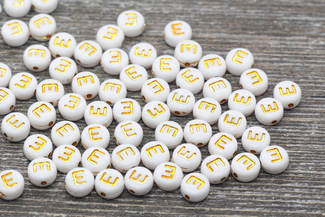 Letter E Alphabet Beads, White and Gold Alphabet Letter Beads, Acrylic ...