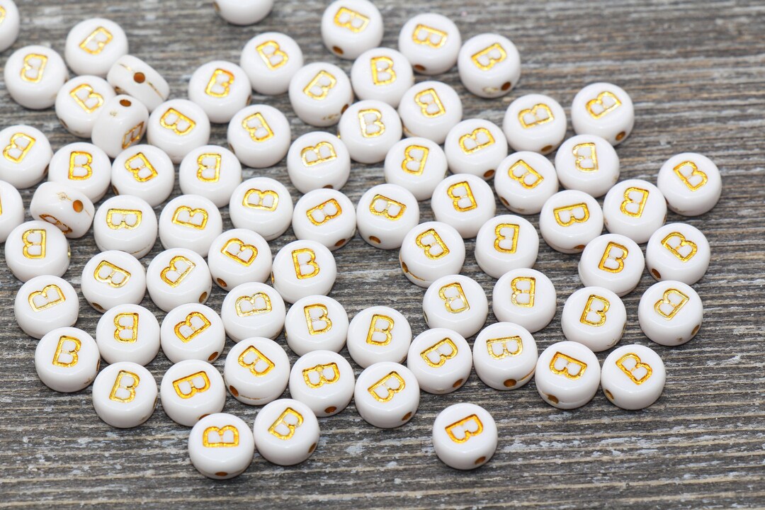 Letter B Alphabet Beads, White and Gold Alphabet Letter Beads, Acrylic ...