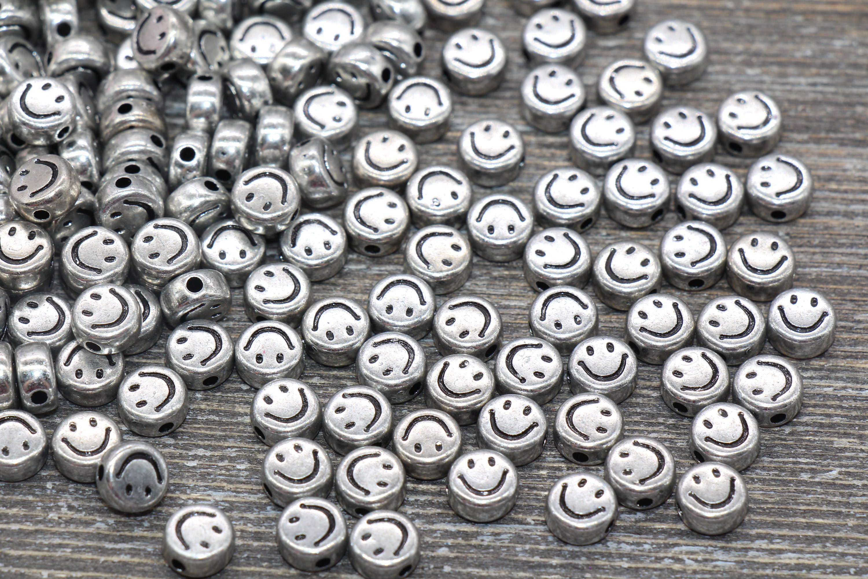 Silver Smiley Face Round Beads, Emoji Beads, Happy Face Beads, Plastic ...