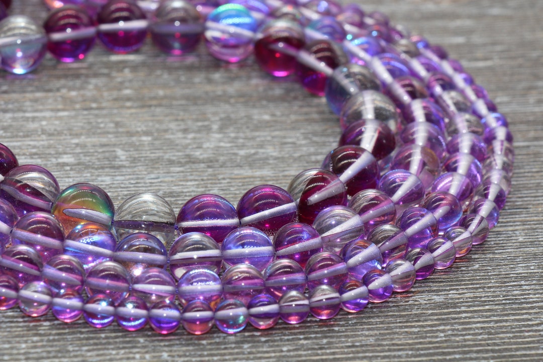 Purple Moonstone Glass Beads, Holographic Round Loose Beads, Iridescent ...