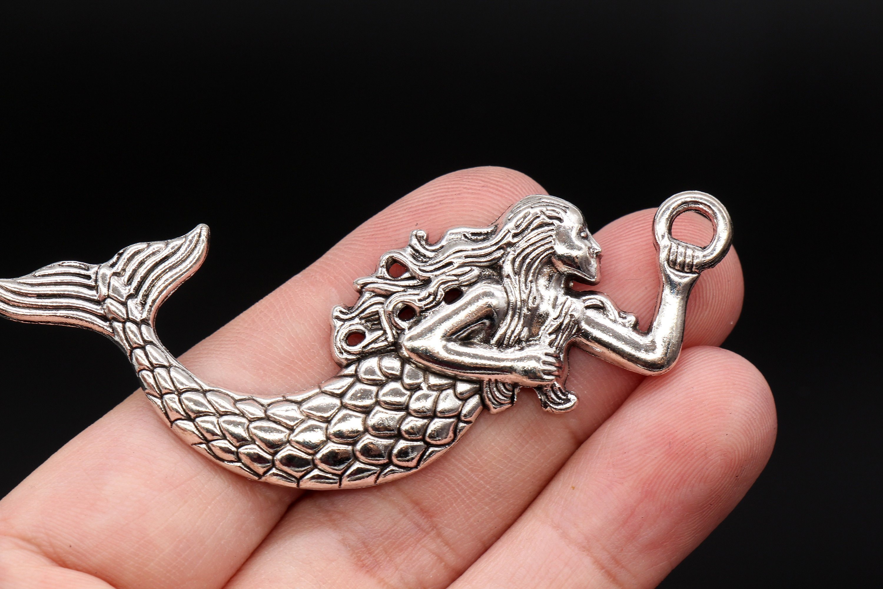2 Large Mermaid Charms Mermaid Pendants Antique Silver Tone | Etsy