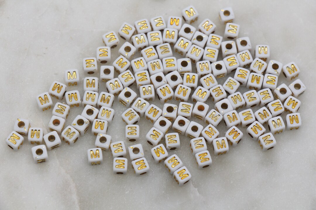 Letter M Cube Beads, Individual Letter Beads, White and Gold Cube ...